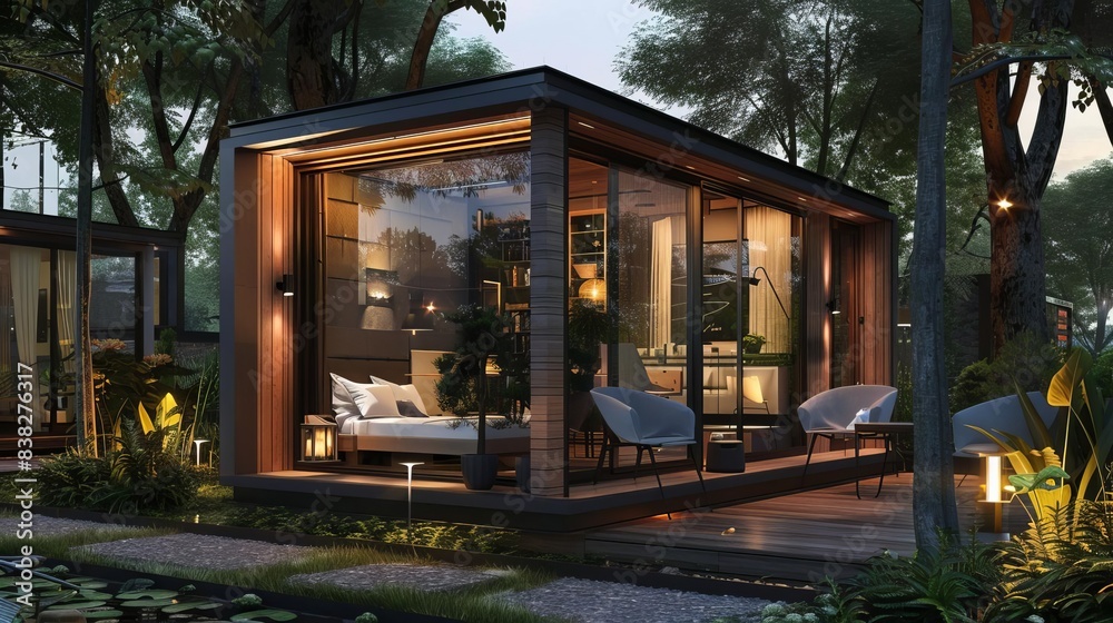 sleek and sustainable prefab tiny home with expansive glass walls and a ...
