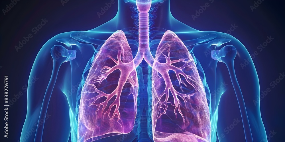 3D render of male lung cancer biopsy in respiratory system xray ...