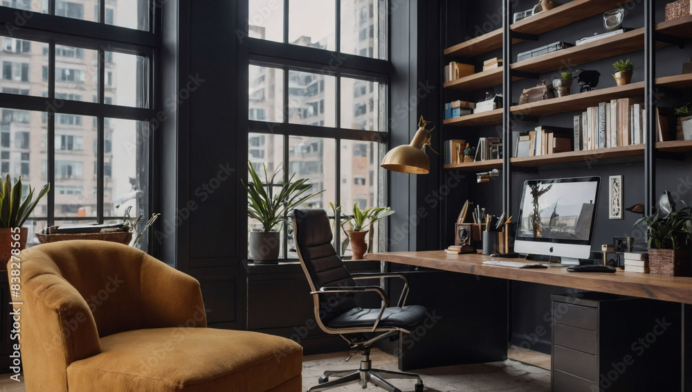 Home office with bookshelf, desk setup, office room, window view, Zoom ...