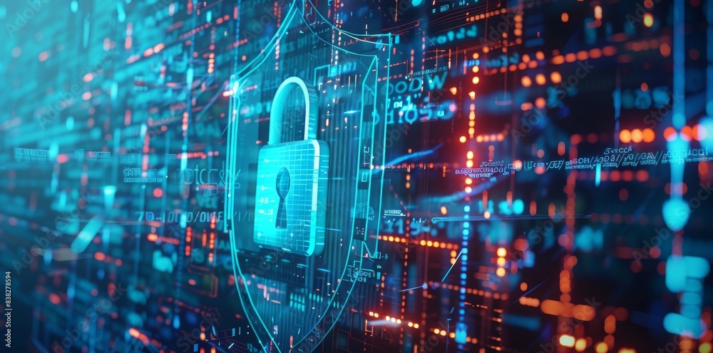 Cybersecurity protection for business data. Security lock for cryptocurrency services. AI ...