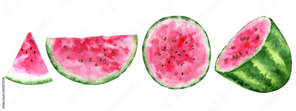 Hand drawn watercolor set of bright and fresh pink watermelon pieces ...