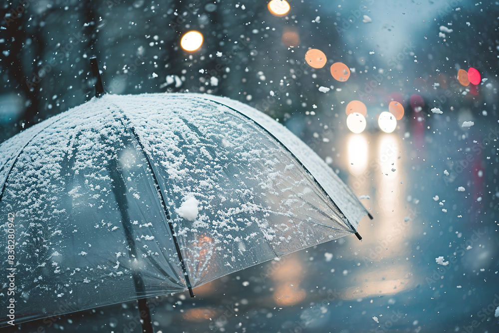 Open transparent umbrella under rain and snow. Rainy weather concept ... Open transparent umbrella under rain and snow. Rainy weather concept ...