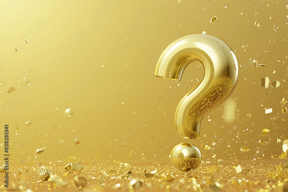 Helium gold balloon floating on gold background. Gold question mark ...