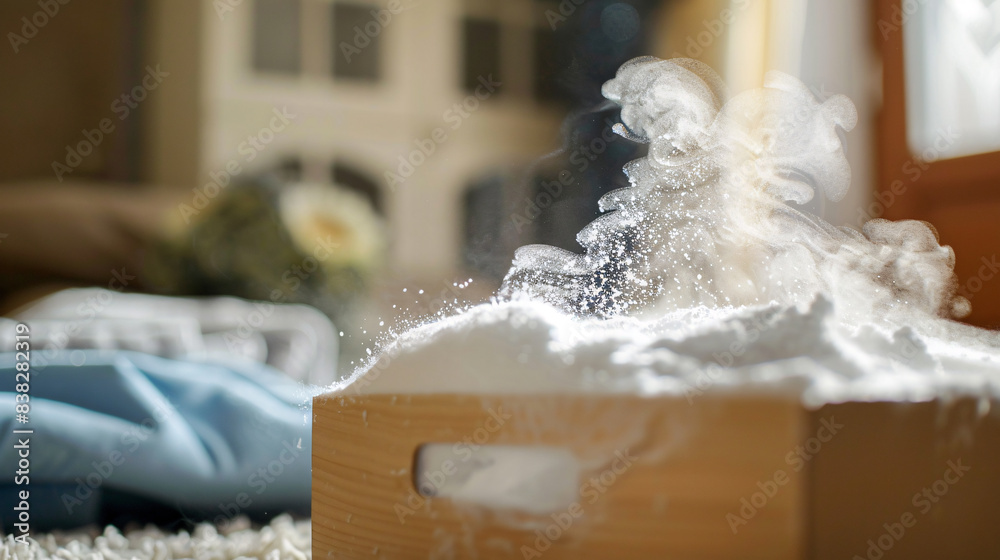 Sweet-smelling powder detergent billowing out of box like clouds at ...