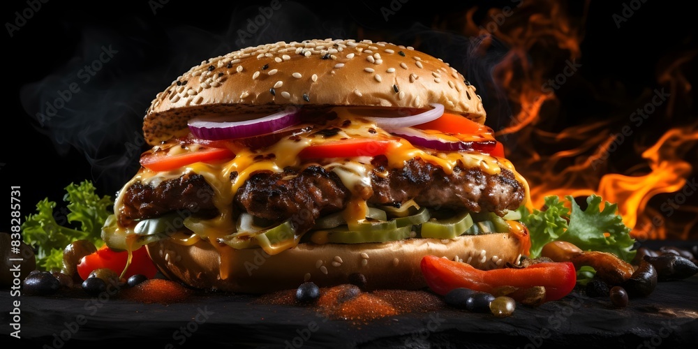 Dynamic burger menu with smoke and flames on a black background ...