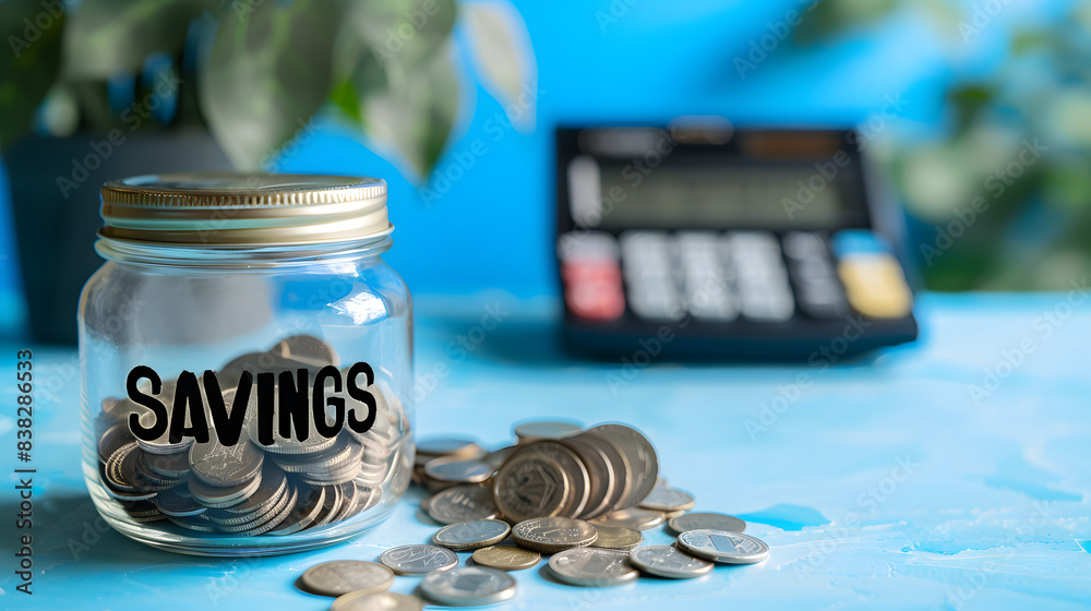 Jar labeled "savings" filled with coins next to a calculator ...