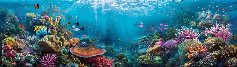 Illustrate a wide-angle view spectrum of a vibrant underwater coral ...