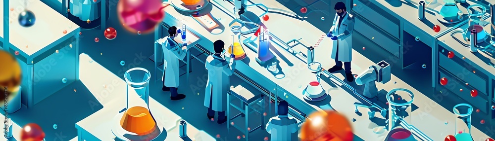 Illustrate an overhead perspective of a bustling science lab, with ...