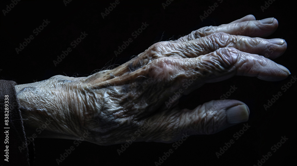 Loved ones hand clutching Alzheimers patients withered palm, a visual representation of the ...