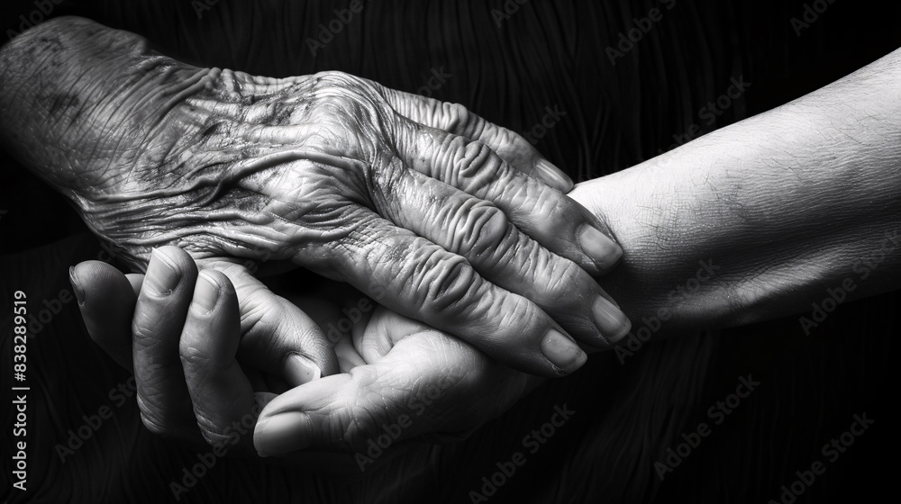 Loved ones hand clutching Alzheimers patients withered palm, a visual representation of the ...