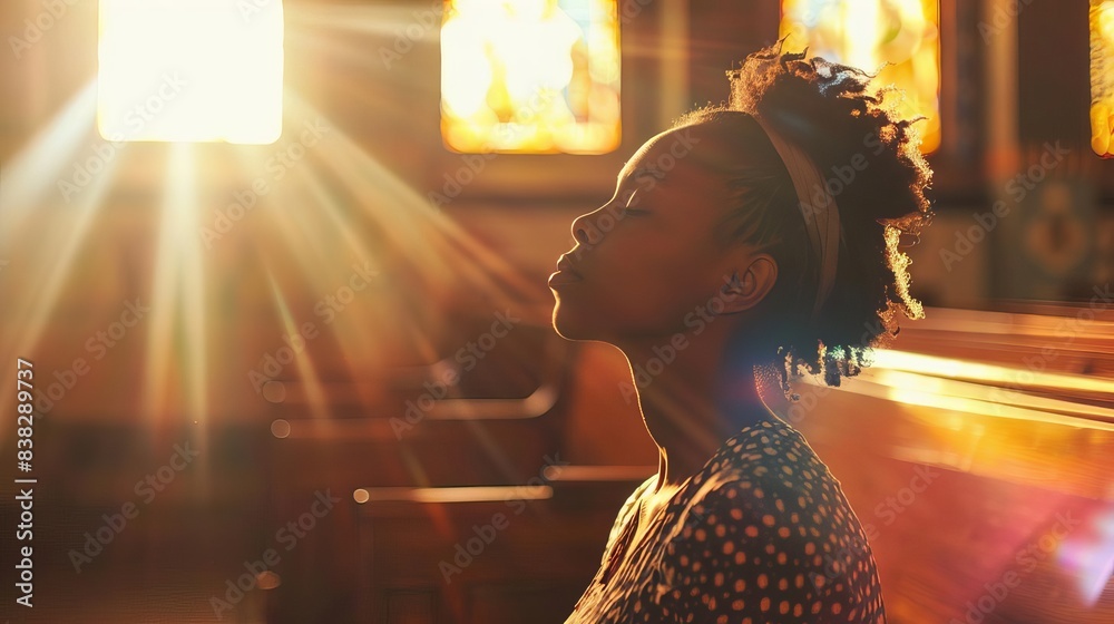 spiritual black woman praying in church divine sunbeams shining through ...