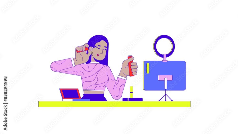 Arab woman mascara applying in front of tablet shooting line 2D ...