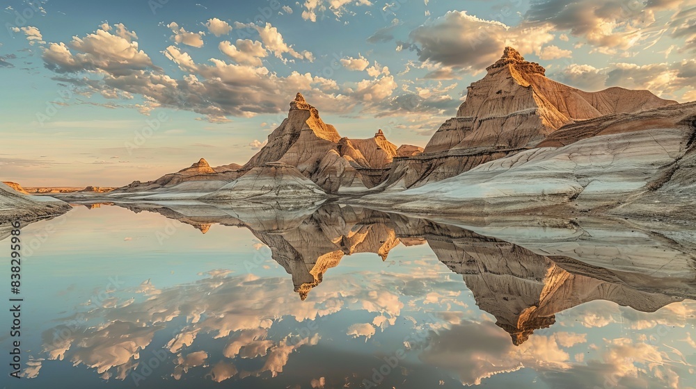Perfect reflection of the detailed ridges of badlands in still water ...