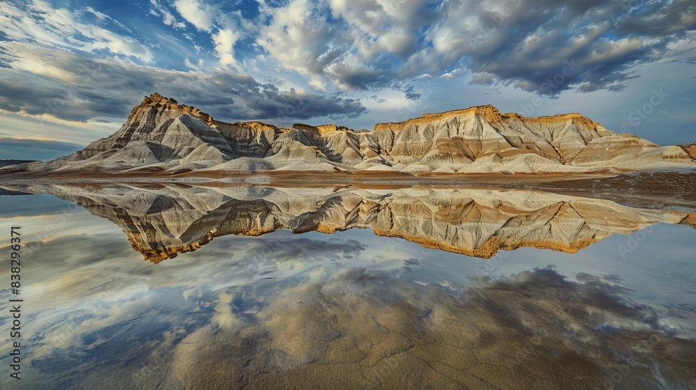 Perfect reflection of the detailed ridges of badlands in still water ...