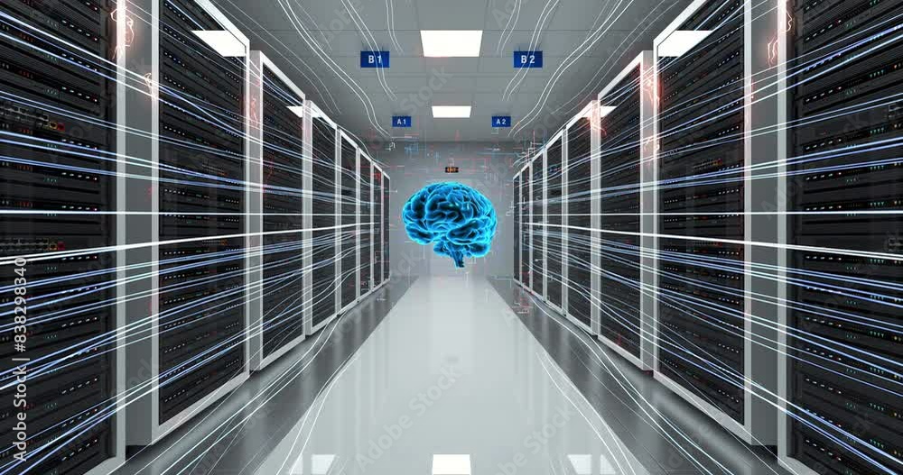 Human brain symbolizing artificial intelligence. Rack servers in data ...