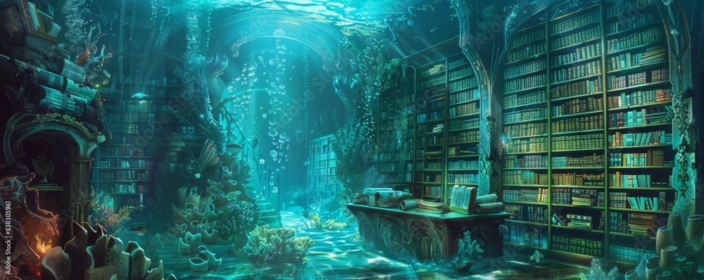 In a fantasy underwater deep ocean mysterious antiquity library ...