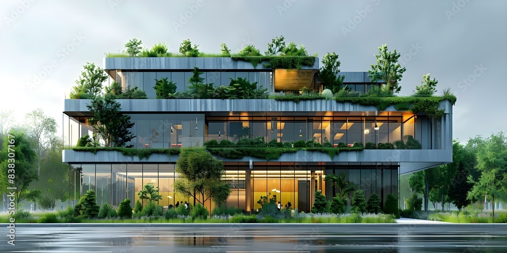 Sketch of sustainable office building with green roofs energyefficient ...