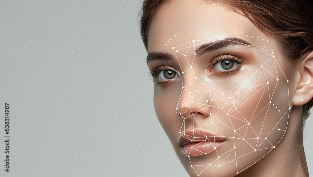 A beautiful woman is shown with an AI face scan system overlayed on her ...