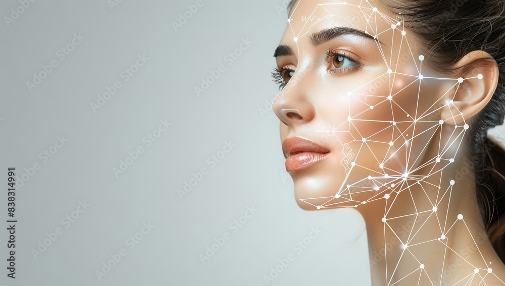 A beautiful woman is shown with an AI face scan system overlayed on her ...