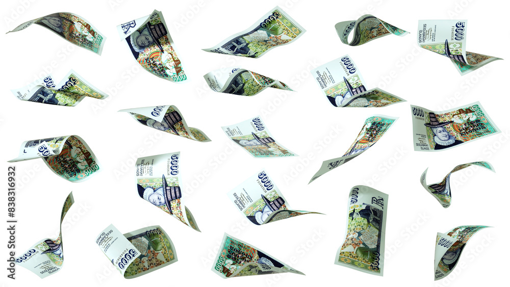 Set of Icelandic krona notes flying in different angles and ...