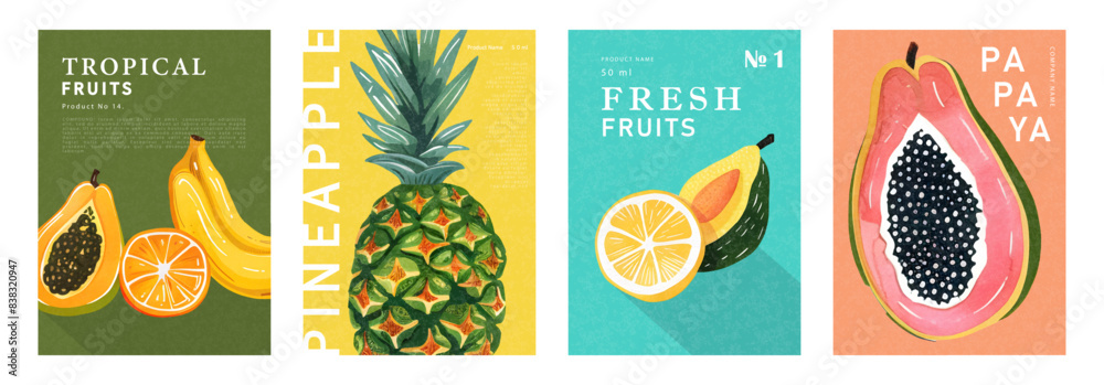 Set of labels, posters or price tags with watercolor fruits. Papaya ...