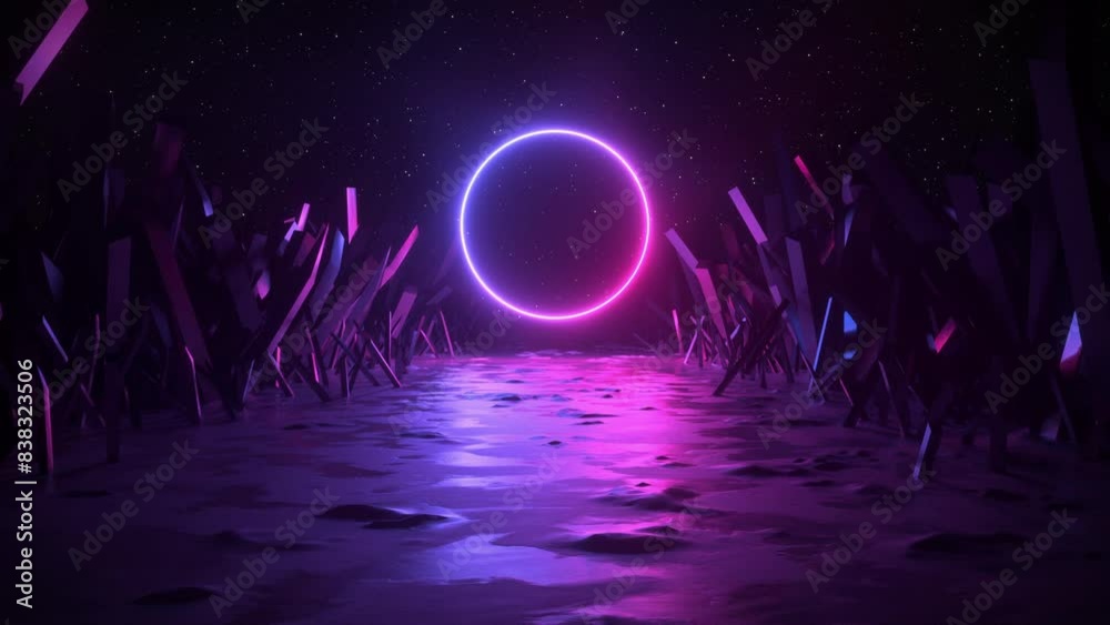Synthwave, crossing a dark and wet road with a purple neon circle in ...