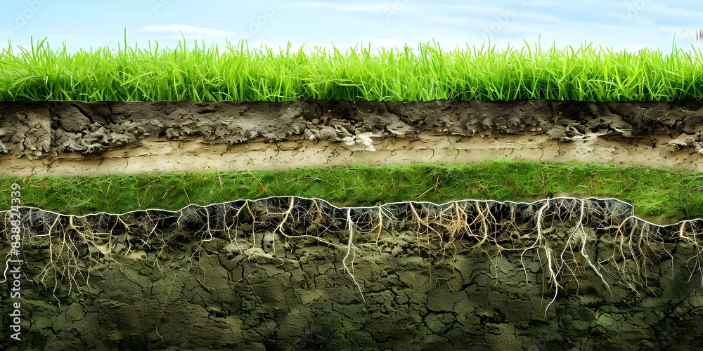 Layers of Soil and Root System Revealed in Cross-section of Green Grass ...