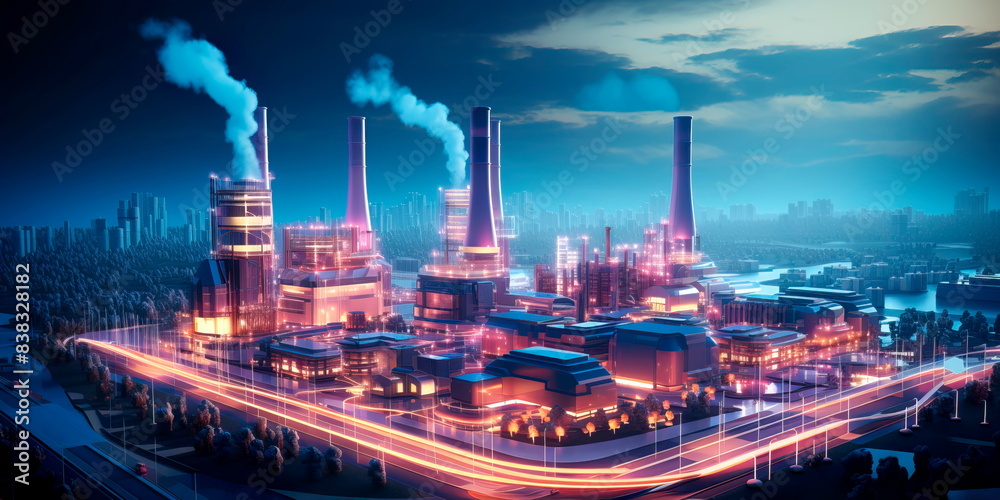 massive industrial power plant with towering smokestacks and electrical ...