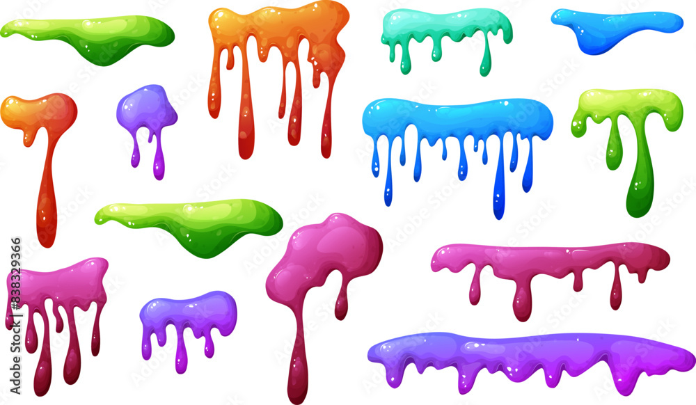 Colorful dripping slime in cartoon. Mucus splashes and liquid drop ...