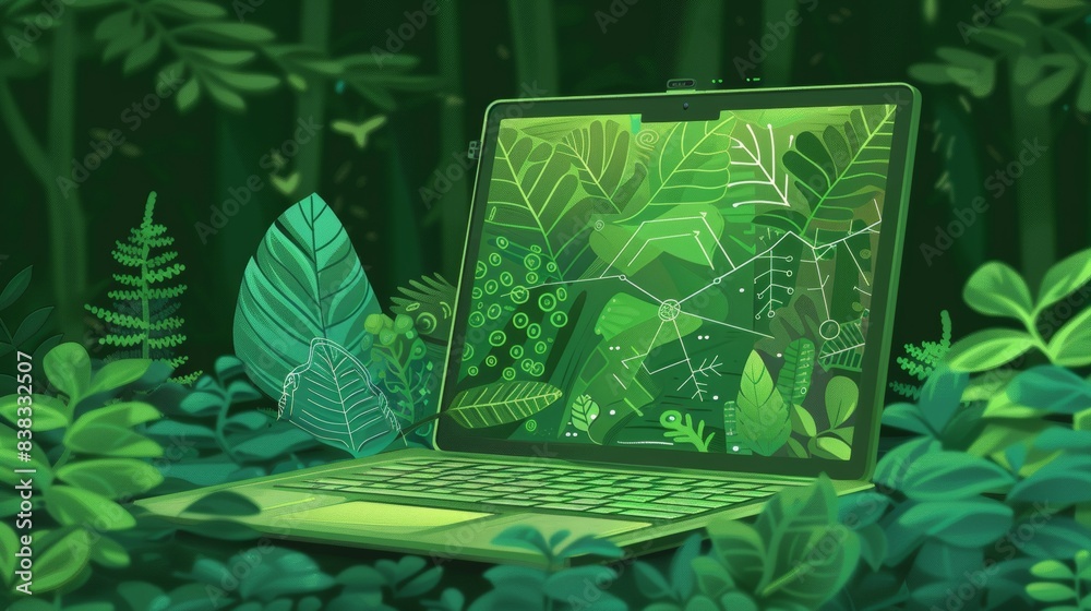 A detailed illustration of a laptop with a green, nature-themed casing ...