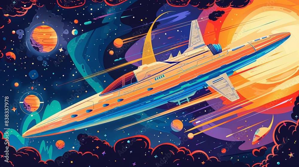 Interstellar travel with spaceships, flat design side view theme ...