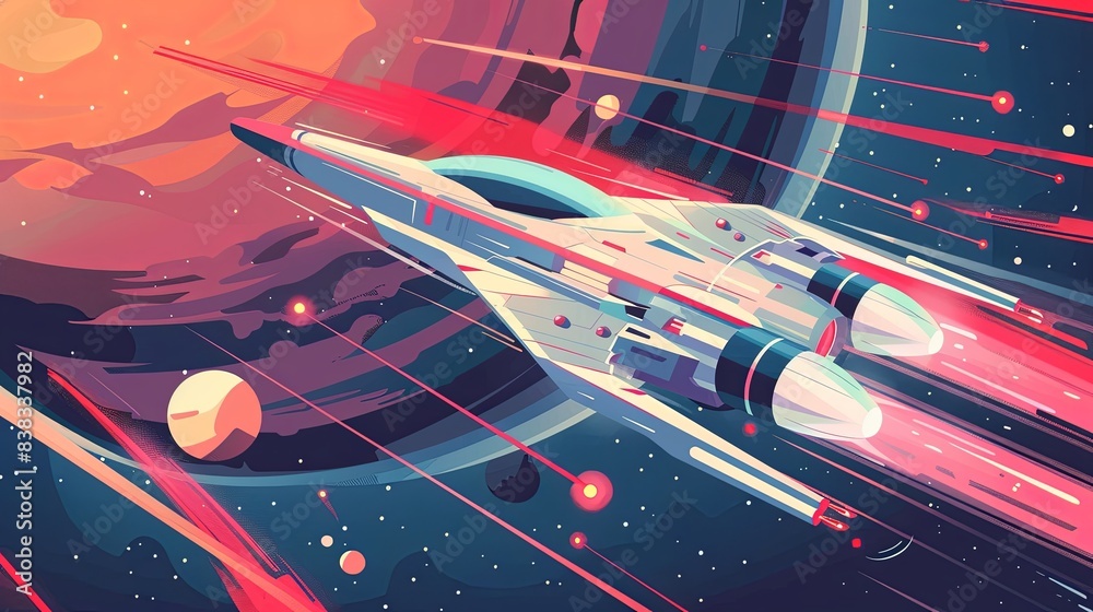 Interstellar travel with spaceships, flat design side view theme ...