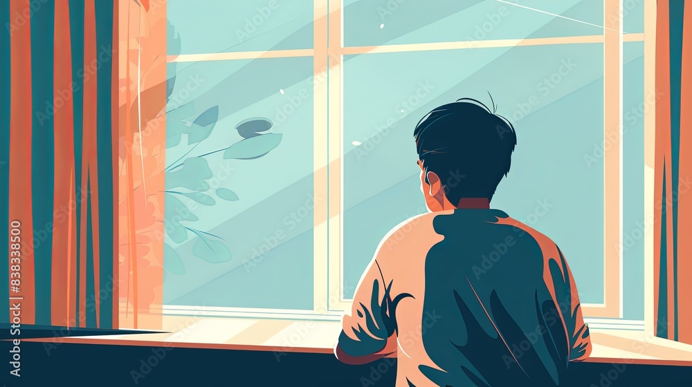 Person staring out of window, flat design side view theme yearning ...