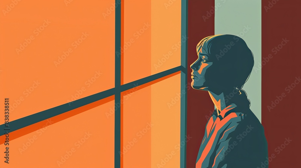 Person staring out of window, flat design side view theme yearning ...