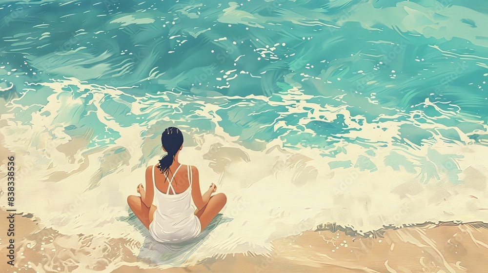 Meditation pose by the ocean, flat design top view theme calmness ...