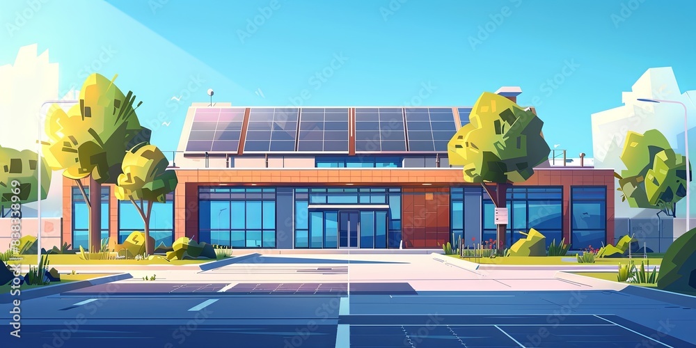 Solar-powered school building flat design front view renewable energy ...