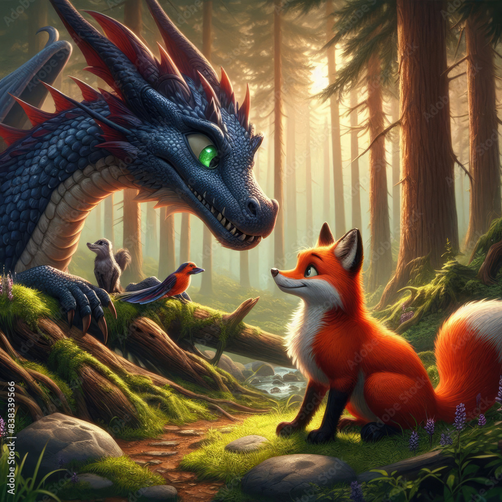 Genertative AI In a magical forest, a majestic dragon and a clever fox ...