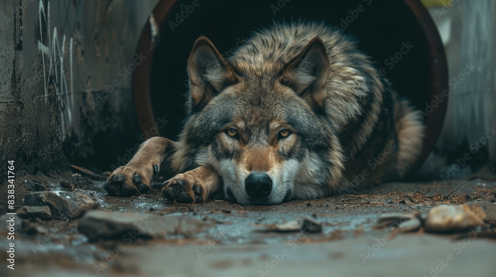 Wolf lying down at tunnel entrance - A wolf lies at the entrance of a ...