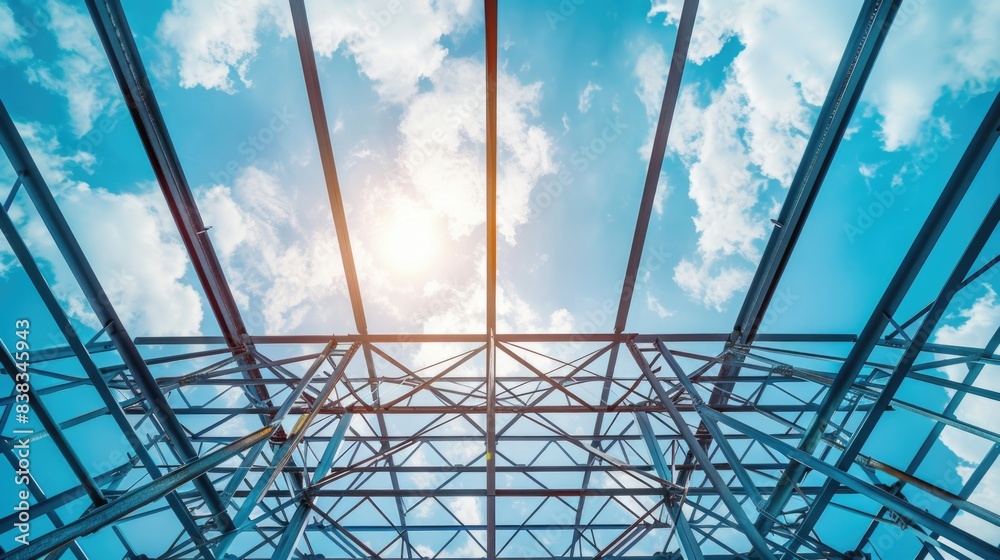 Structure of steel roof truss under the construction building with ...