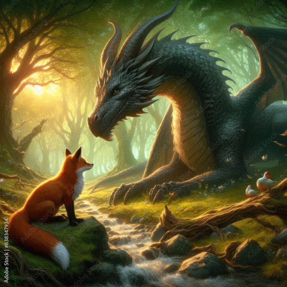 Genertative AI In a magical forest, a majestic dragon and a clever fox ...