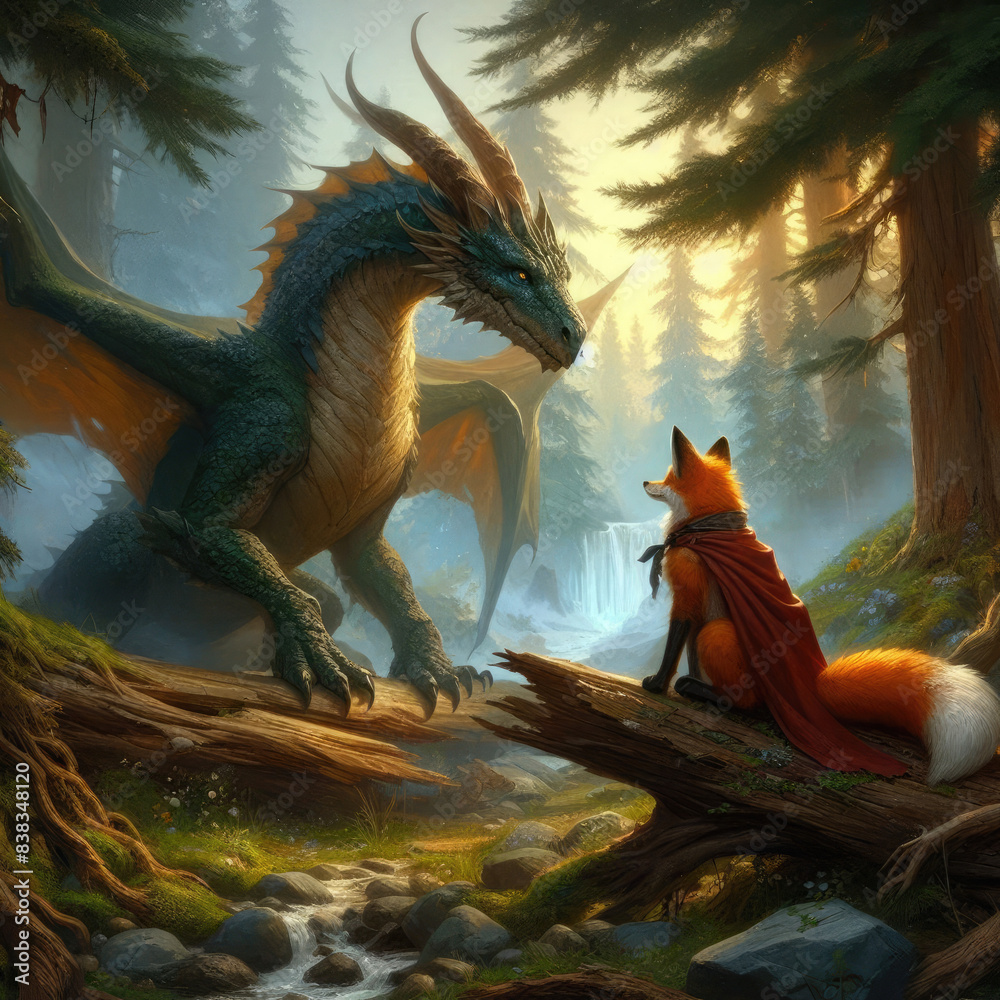 Genertative AI In a magical forest, a majestic dragon and a clever fox ...