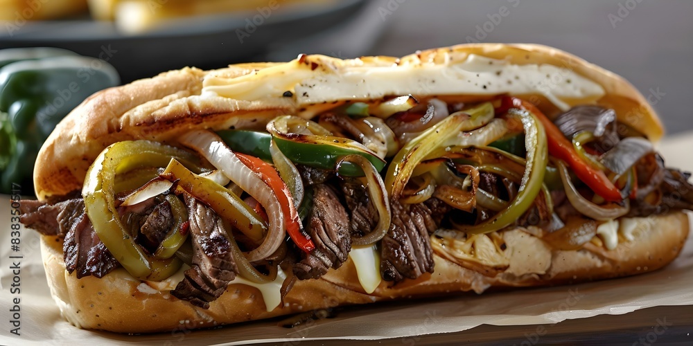 Philly cheesesteak ribeye pickles peppers onions provolone on crisp ...