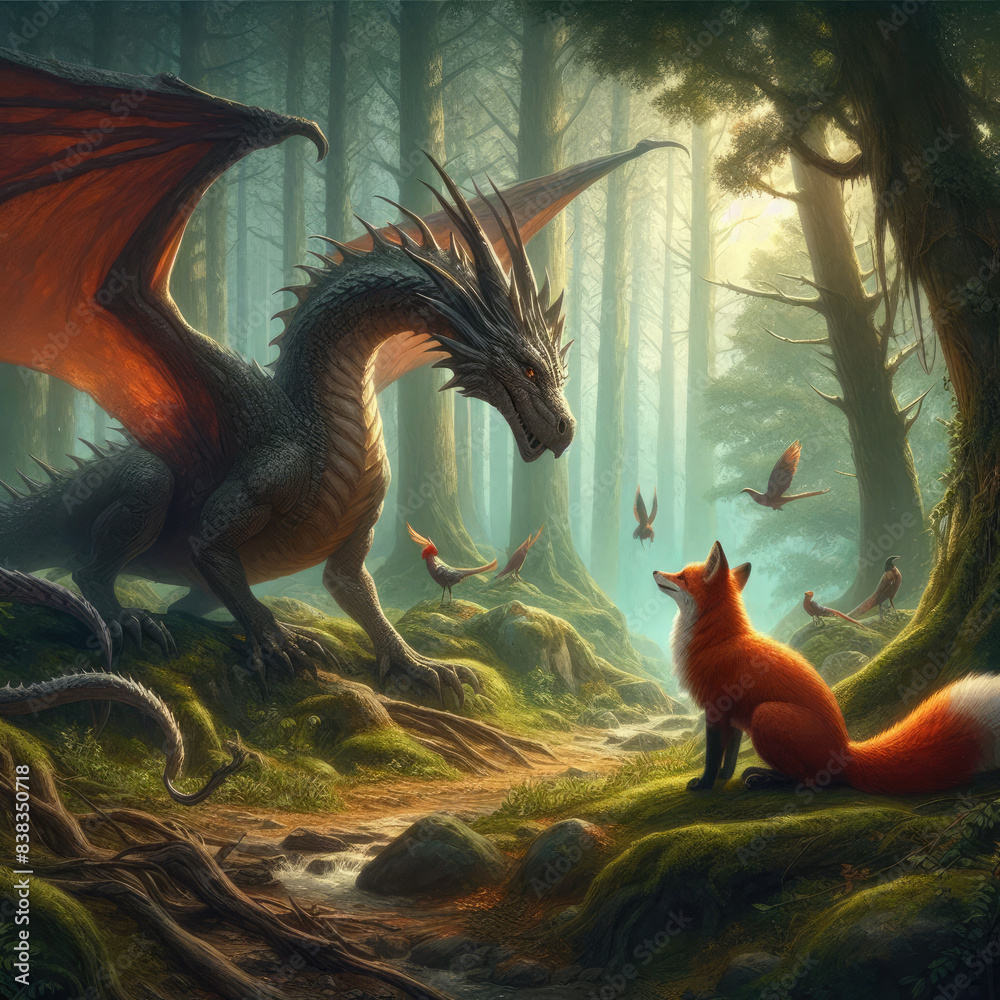 Genertative AI In a magical forest, a majestic dragon and a clever fox ...