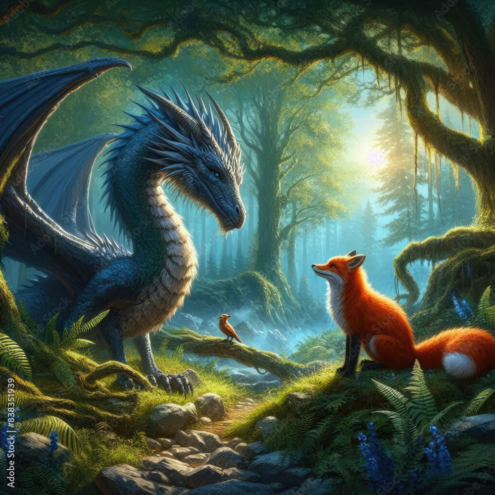 Genertative AI In a magical forest, a majestic dragon and a clever fox ...