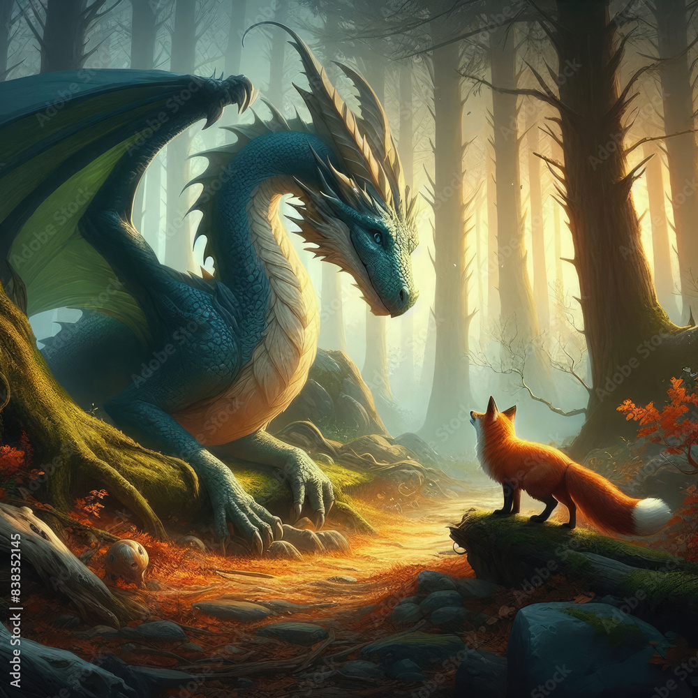 Genertative AI In a magical forest, a majestic dragon and a clever fox ...