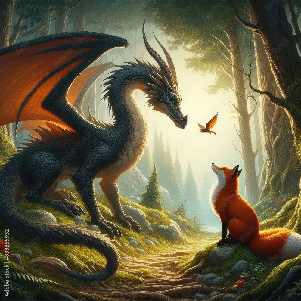 Genertative AI In a magical forest, a majestic dragon and a clever fox ...