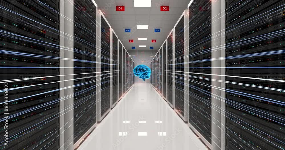 Server room in modern data center. Electrical signals flowing in high speed. Artificial ...