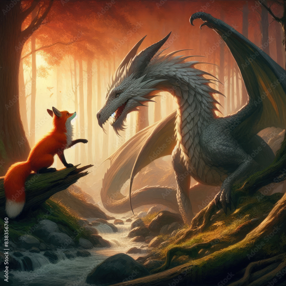 Genertative AI In a magical forest, a majestic dragon and a clever fox ...
