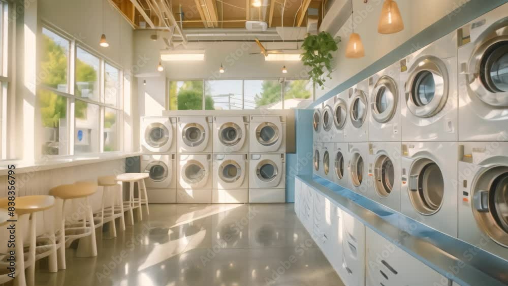 A contemporary laundry room filled with multiple washers and dryers for ...