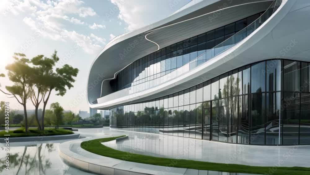 A sleek corporate headquarters with a striking arch, featuring a ...